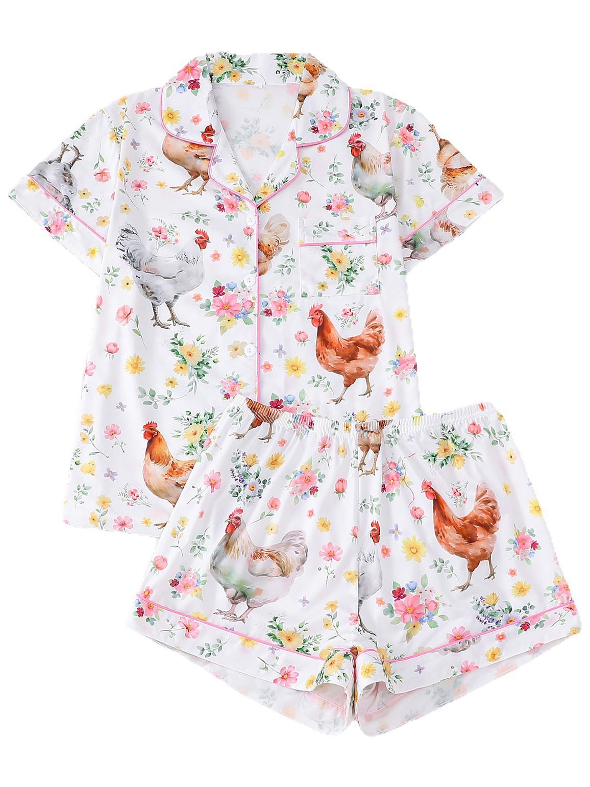 ATAIKU S-XXL Womens Pajamas Set Cute Rooster Short Sleeve Button Down ...