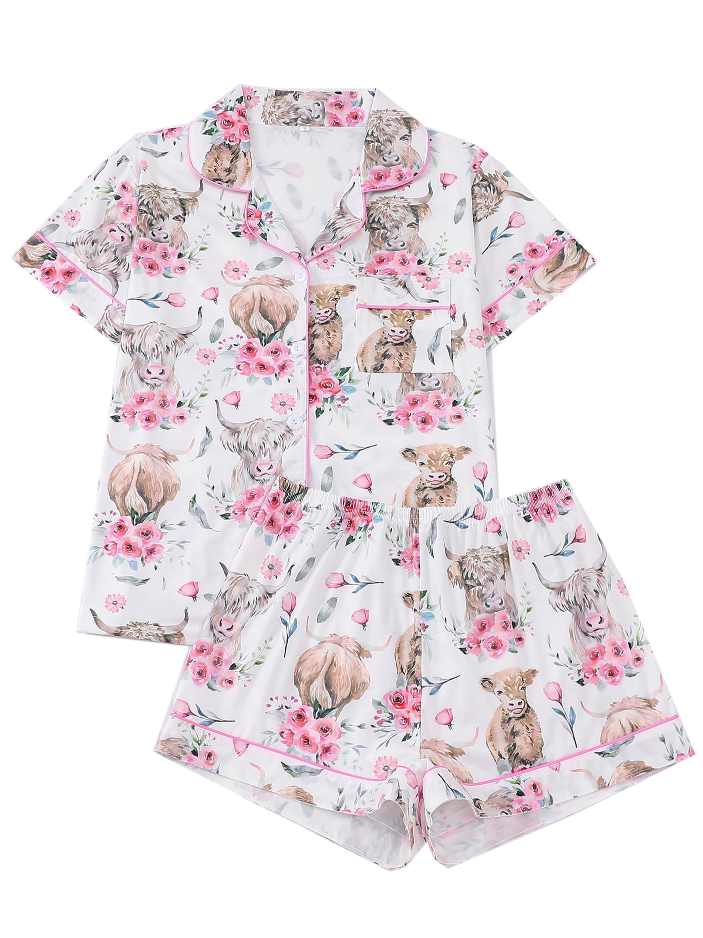 ATAIKU S-XXL Womens Pajamas Set Floral Cow Print Short Sleeve Button ...