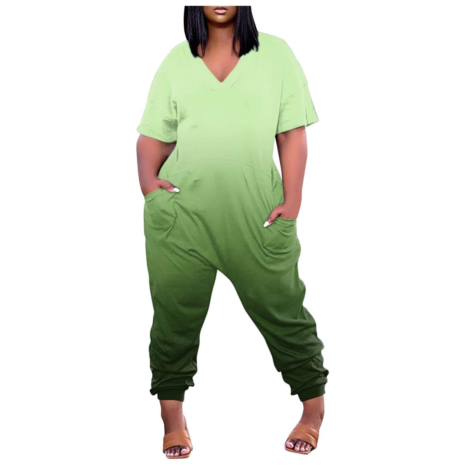 Qatainlav Plus Size Jumpsuits For Women Casual Dressy Short Sleeve V