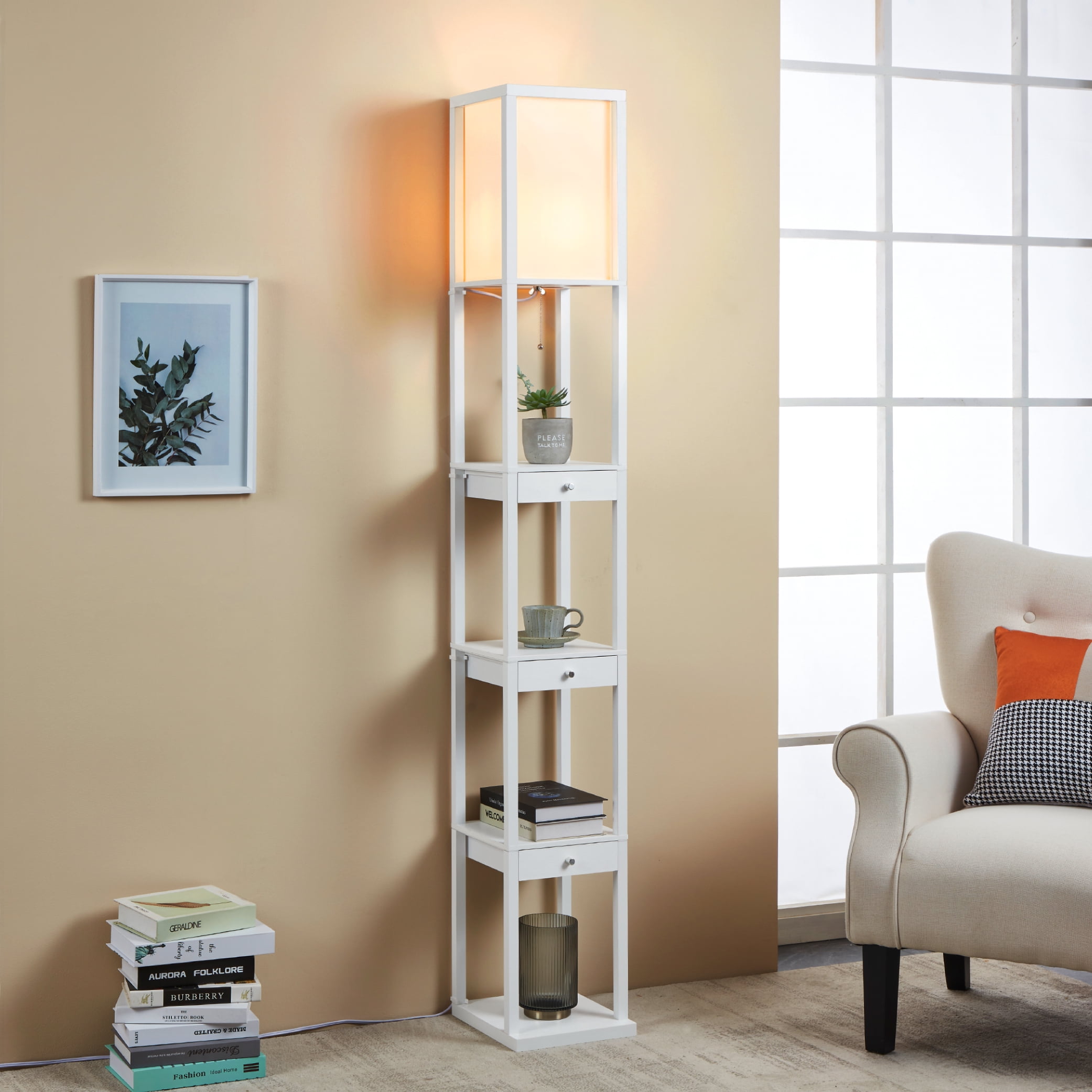 "ATAMIN Aaron LED Floor Lamp with Lighted Shelves and Storage Drawers ...