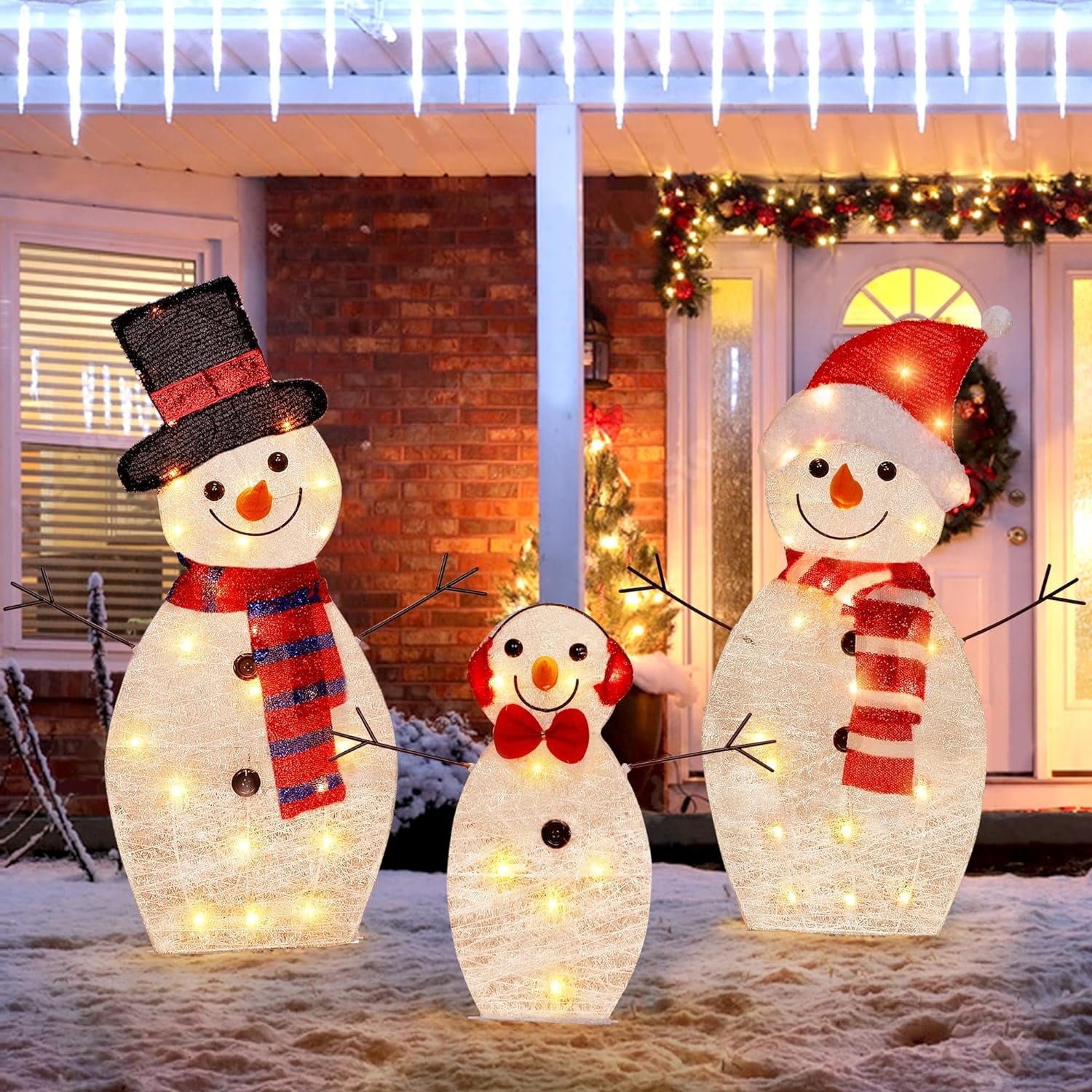 Pre-Lit Light Up Snowman Family, 60 Lights Christmas Collapsible Snowman Outdoor Decoration ...