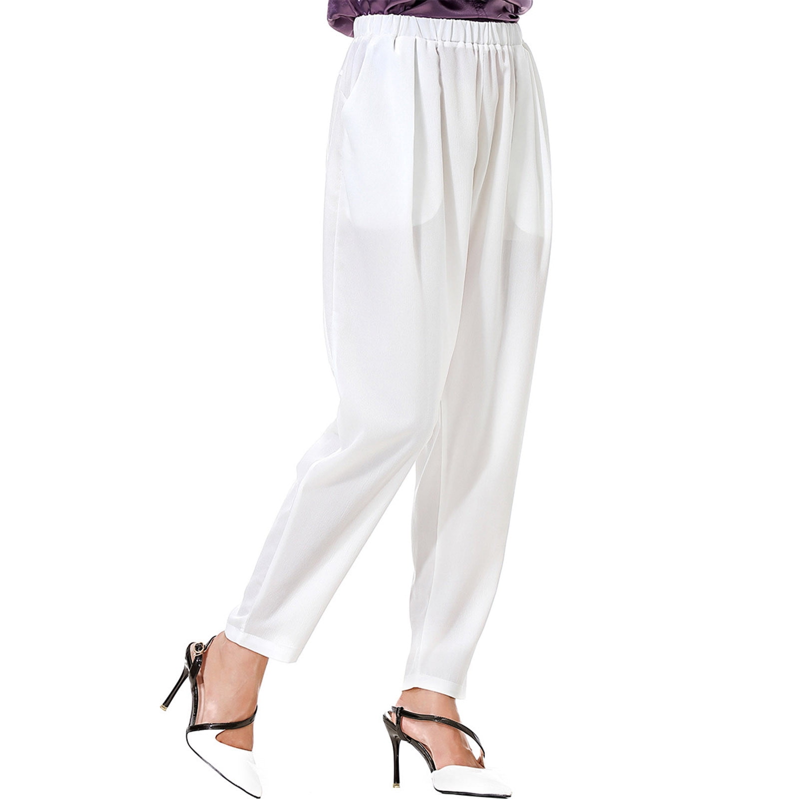 ATENAR Pants for Women Summer Stretchy Pants Solid Color Pant White XL ...