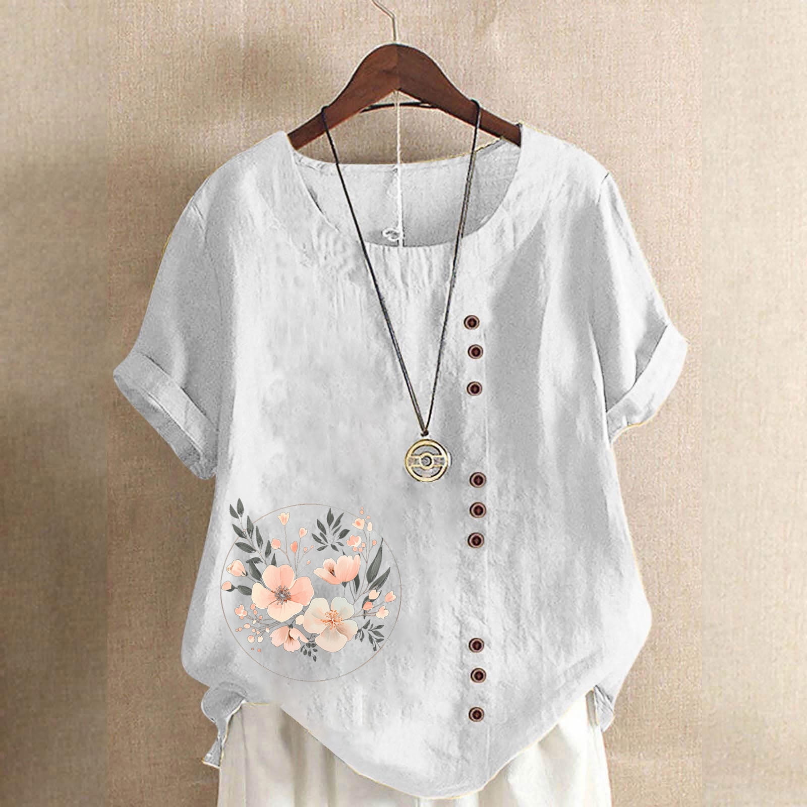 ATENAR Shirts for Women Crew Neck Shirts Short Sleeve Button Tops White ...