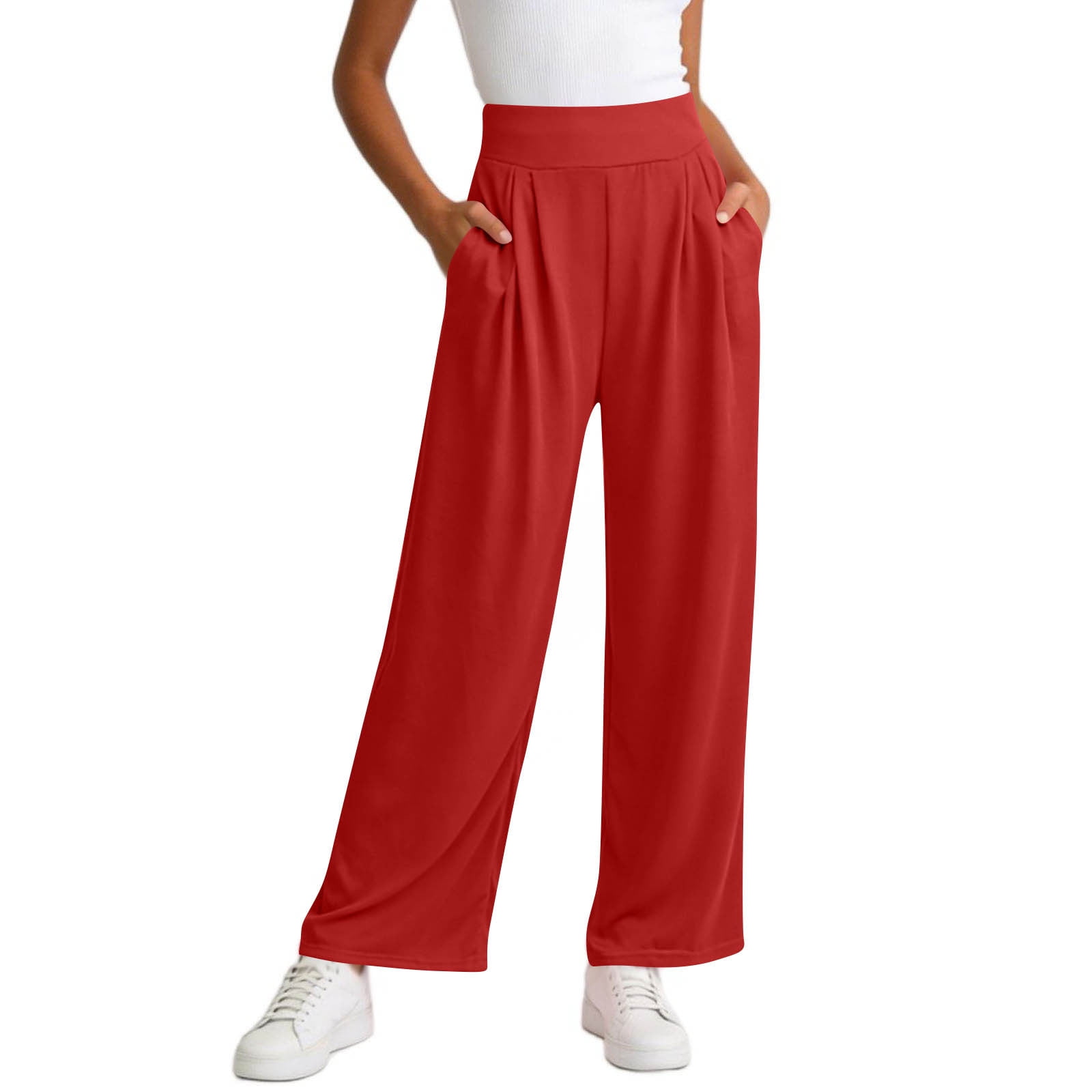 ATENAR Women Pants Stretchy Solid Color Pants Comfortable Pant Red M ...