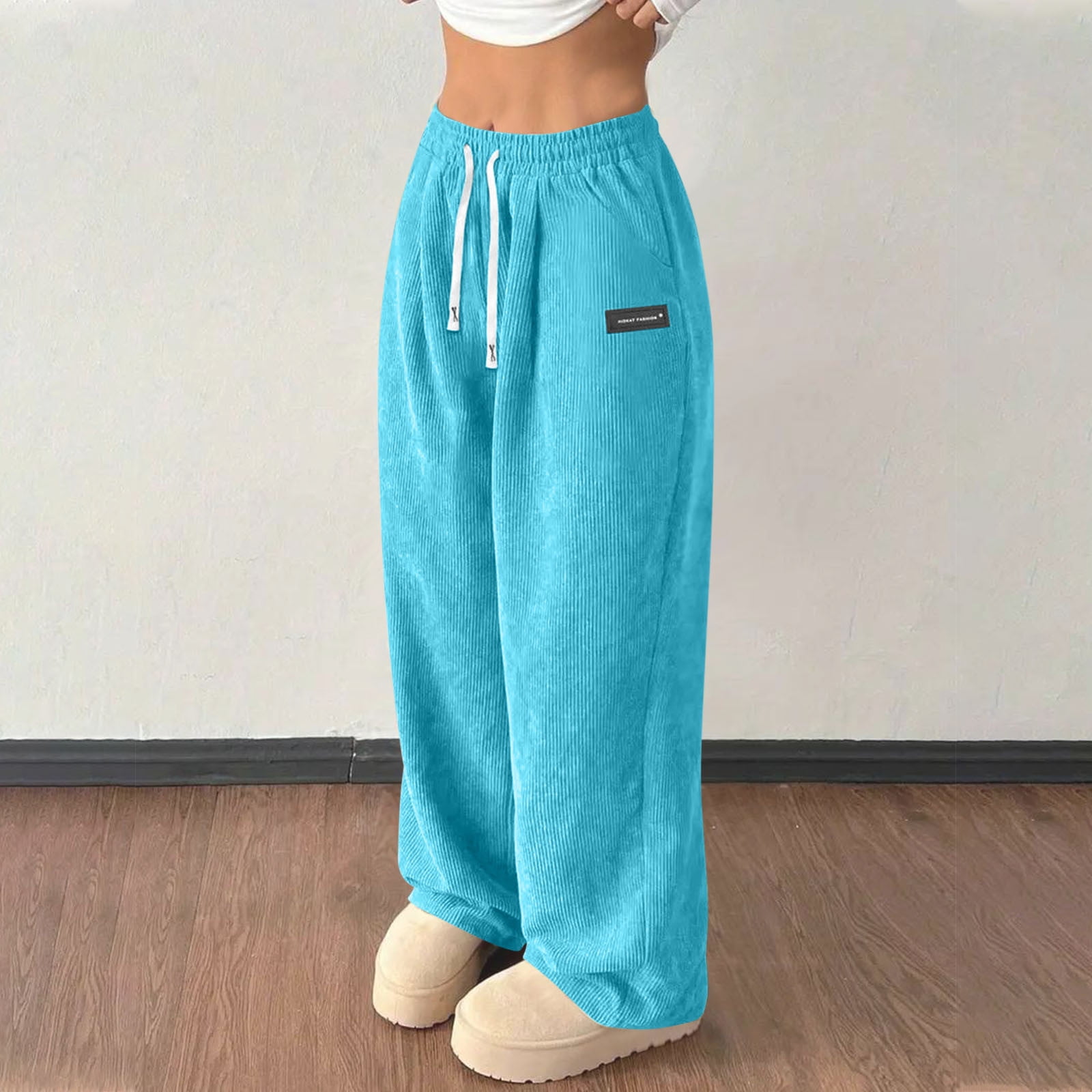 ATENAR Women Pants Summer Stretchy Pants Solid Color Pant Sky Blue 2XL ...