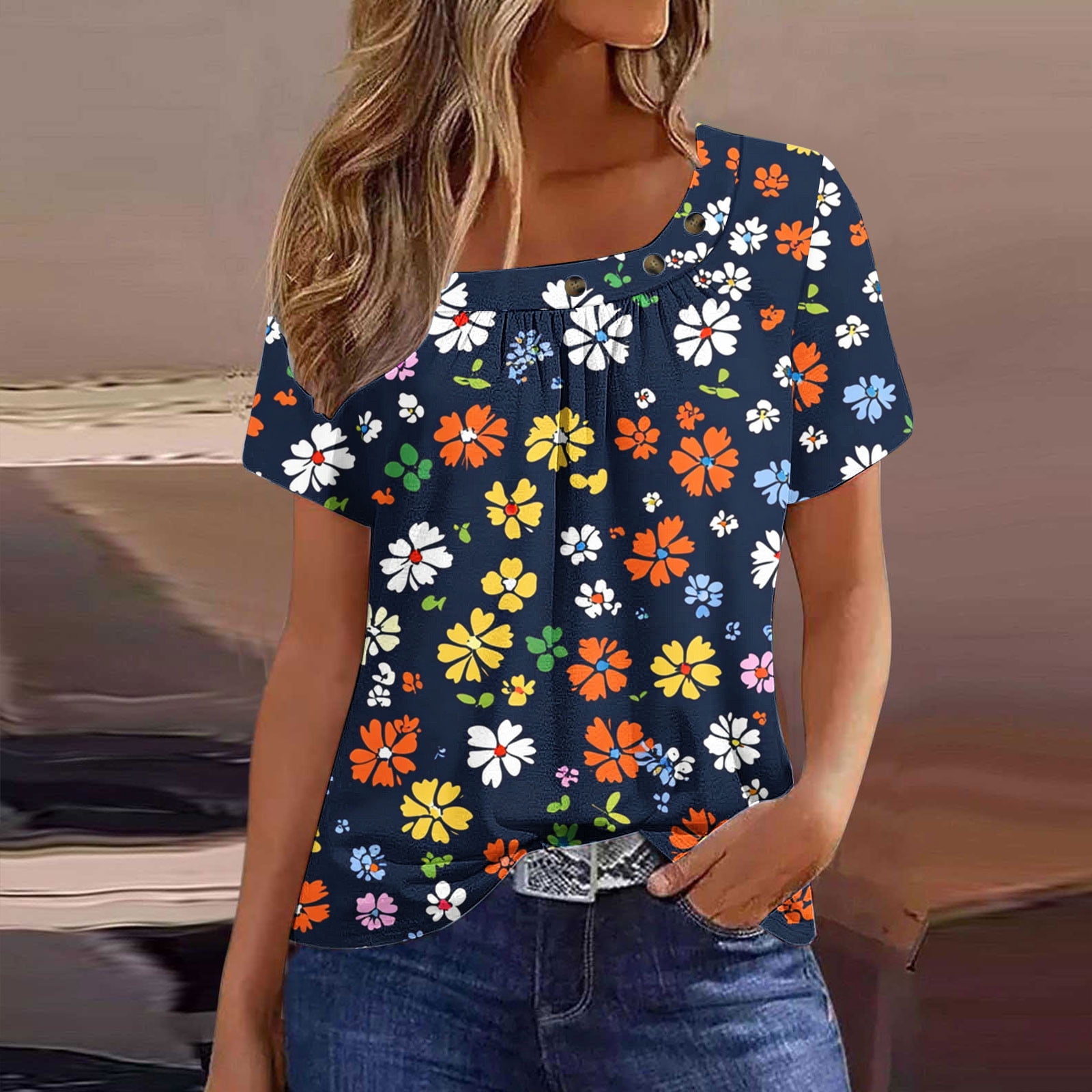 ATENAR Womens Shirts Lightweight Printed Shirts for Women Square Neck ...