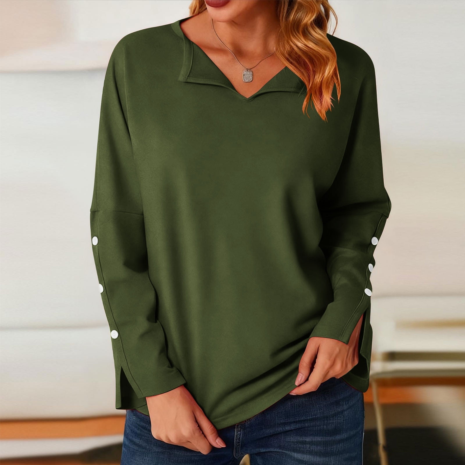 ATENAR Womens Tops Plus Size Tops Loose Button Shirts Green M - Walmart.com