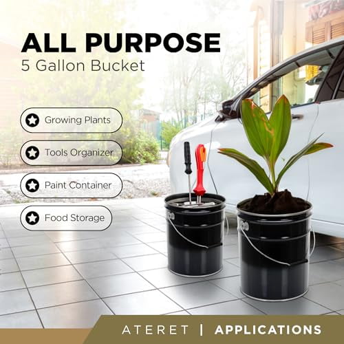 ATERET 5 Gallon Black Metal Bucket & Lever Lock Pail Lid - 3 Pack ...