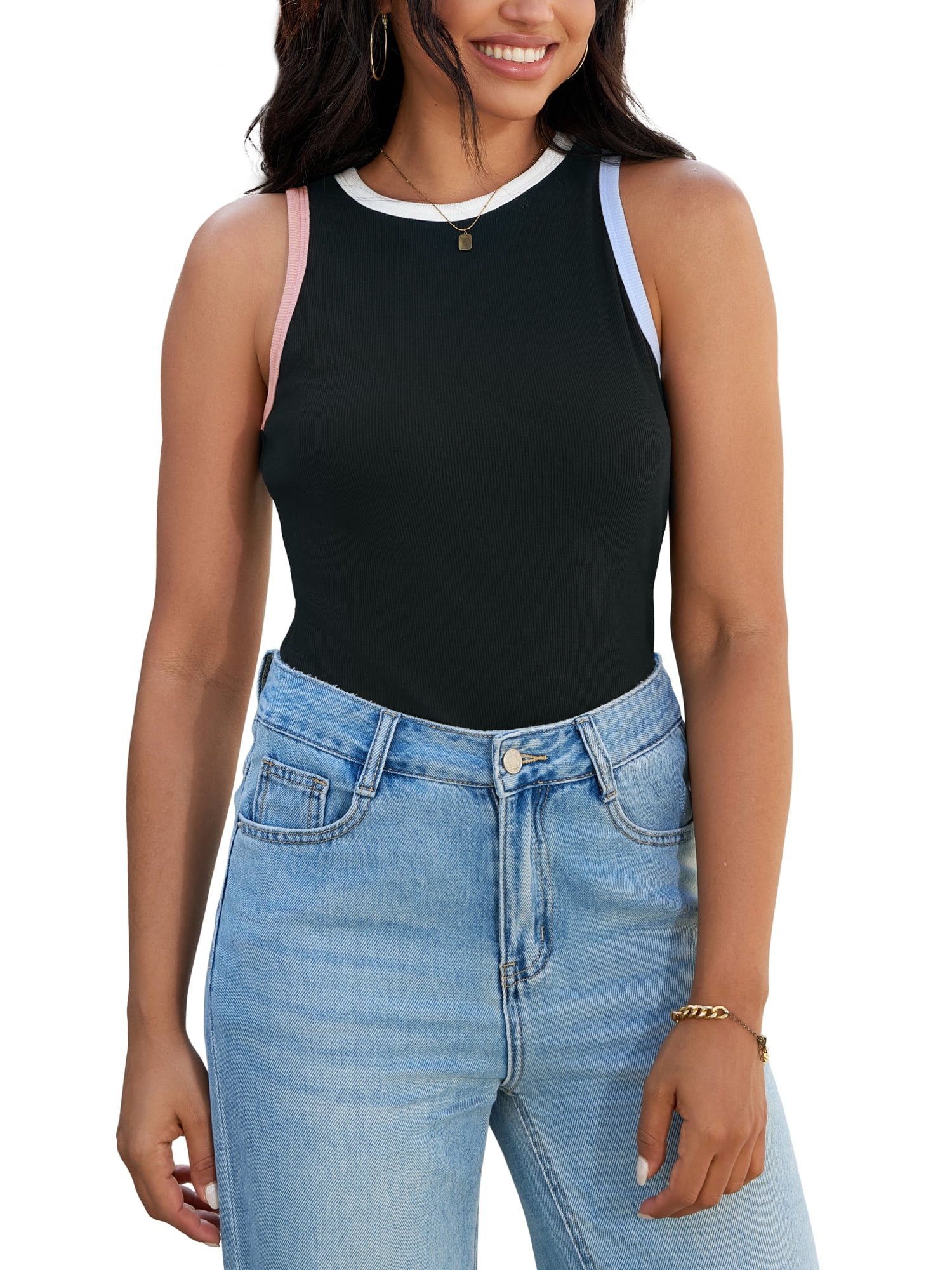 ATHLECHIC Women's Ribbed Summer Color Block Crew Neck Sleeveless Casual ...
