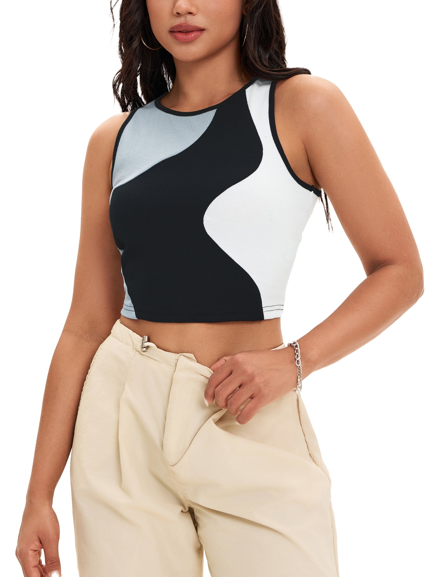 ATHLECHIC Women's Ribbed Summer Color Block Sleeveless Crew Neck Crop ...