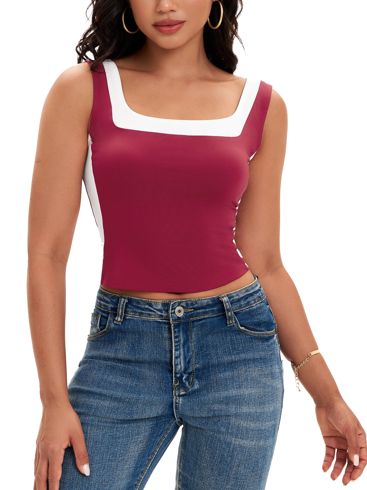 ATHLECHIC Women's Sleeveless Square Neck Summer Crop Color Block Tank ...