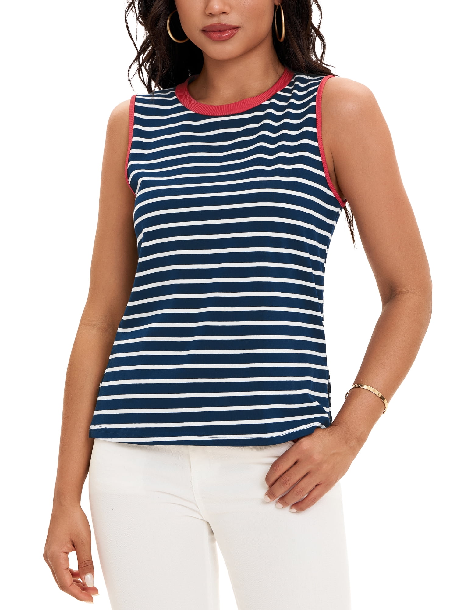 ATHLECHIC Women's Tank Top Striped Color Block Side Slits Crew Neck ...