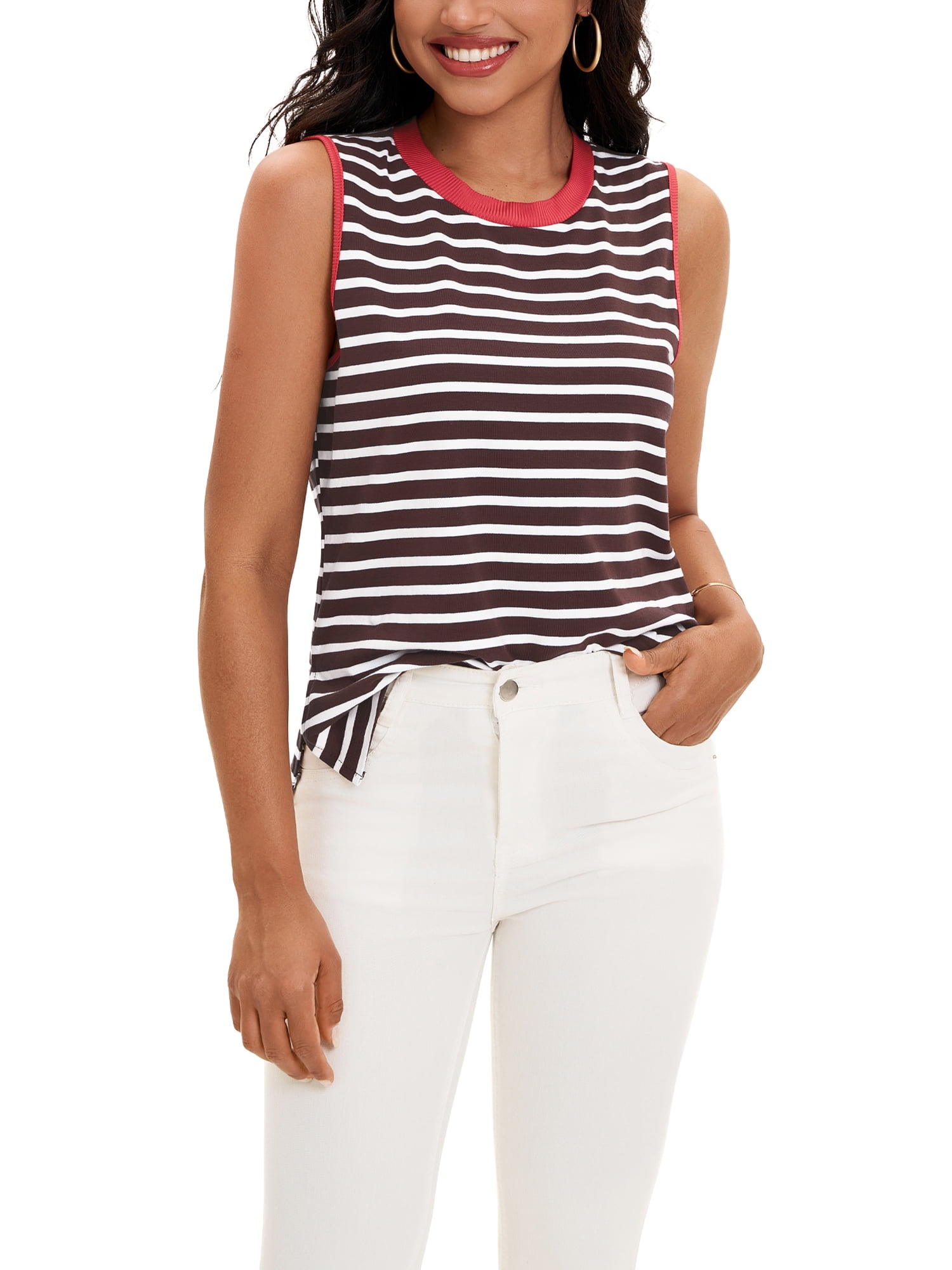 ATHLECHIC Women's Tank Top Striped Color Block Side Slits Crew Neck ...
