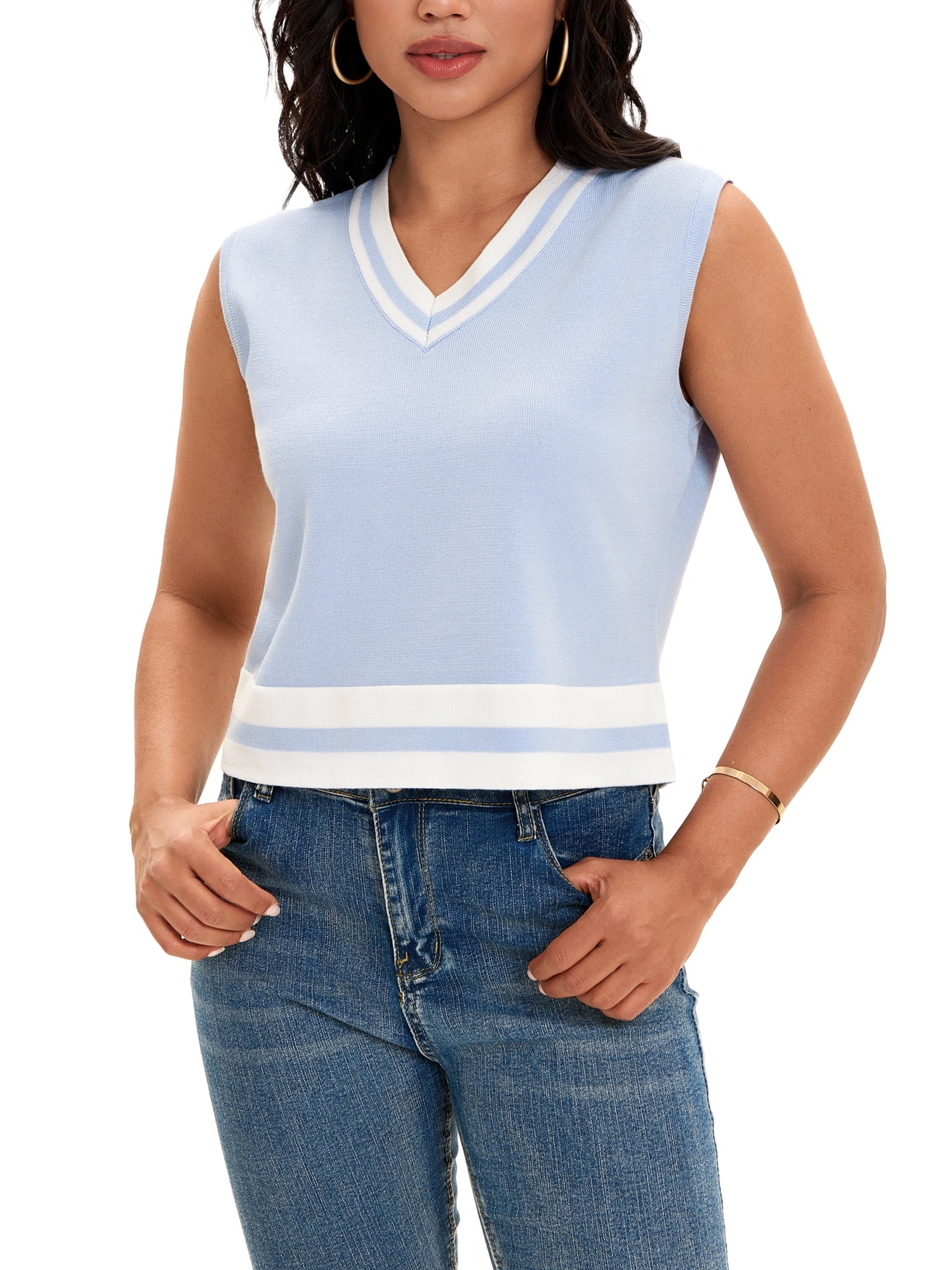 ATHLECHIC Women's Summer Crop Knit Color Block Sleeveless V Neck Tank ...