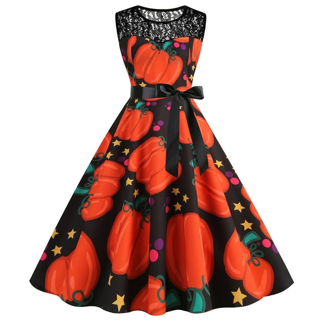Atienubee Halloween Dresses For Women Pumpkin Printed Lace Sleeveless