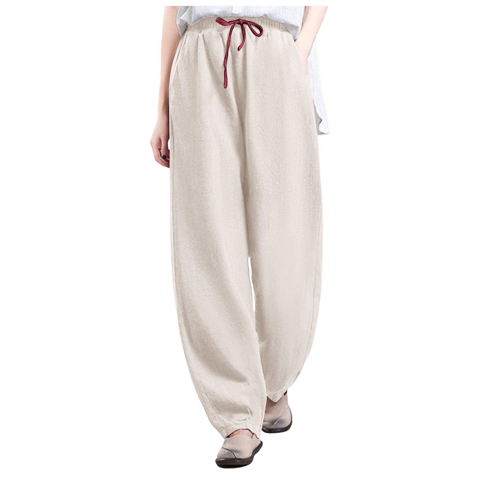 Atienubee Women Loose Pants Palazzo Pocket Elastic Breathable Trousers