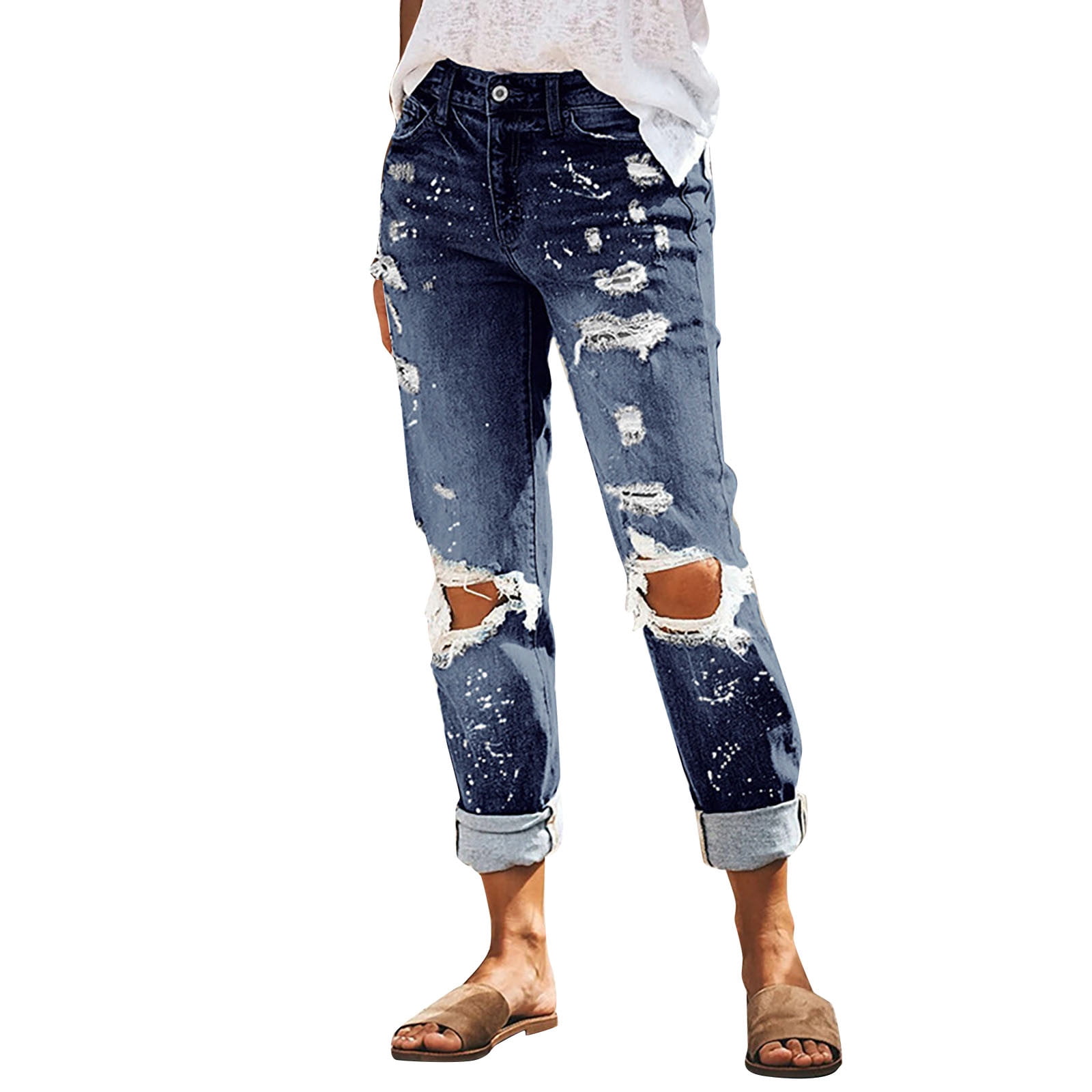Atienubee Women Ripped Denim Pants Women Elastic Pour In Ink Piercing