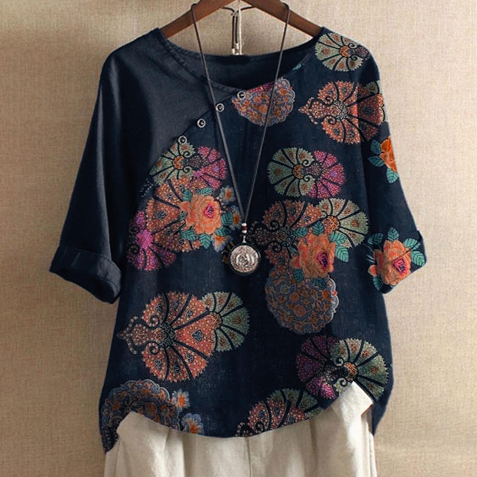 ATIXEL Women Summer O-Neck 3/4 Sleeve Printed Loose T-Shirt Blouse, XL ...