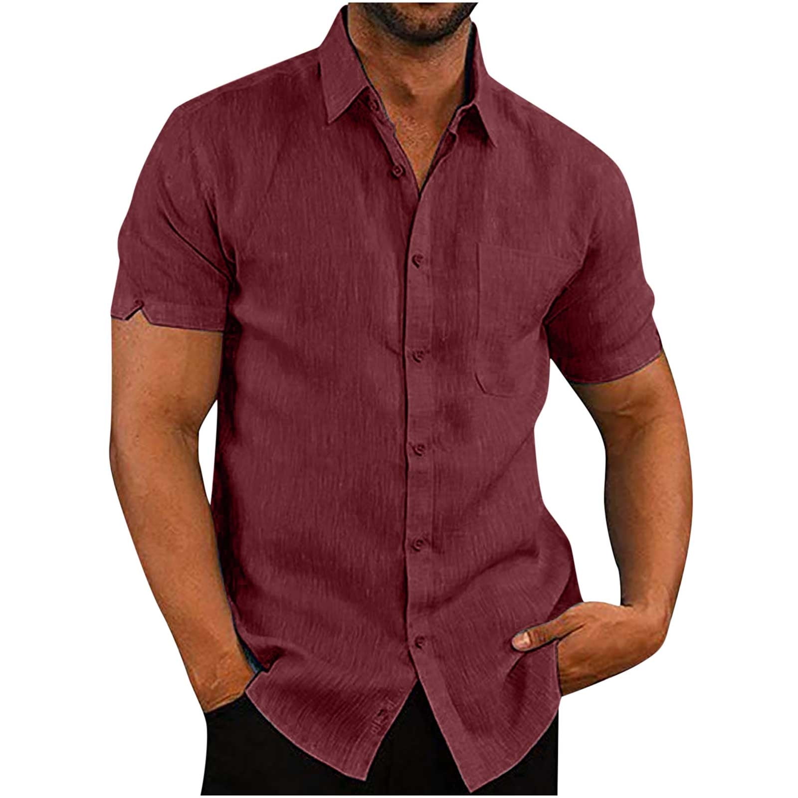 ATIXEL Mens Simple Button Shirts Cotton Linen Shirts Short Sleeve ...