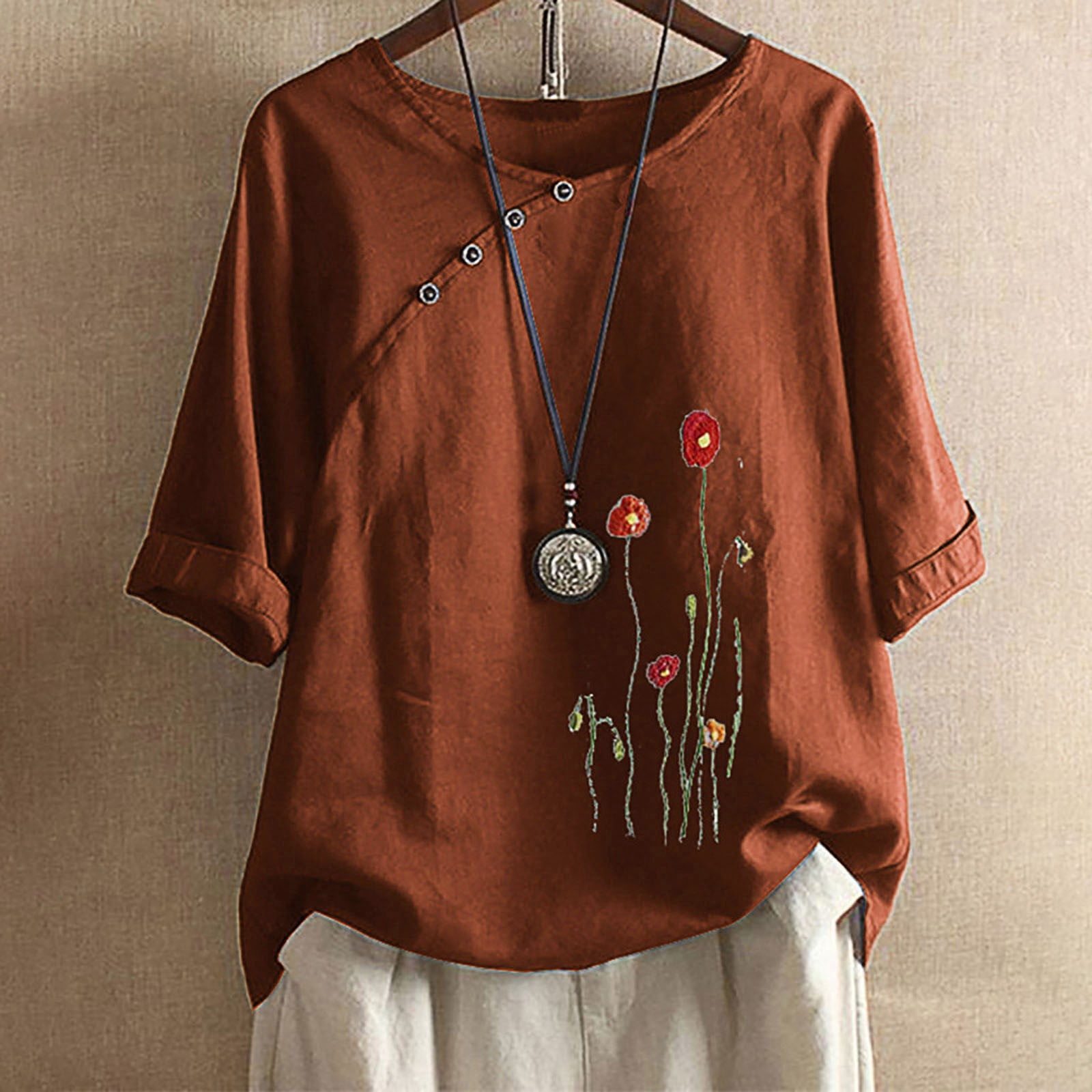 ATIXEL Women's Summer Casual Round Neck Short Sleeve Flower Printing ...