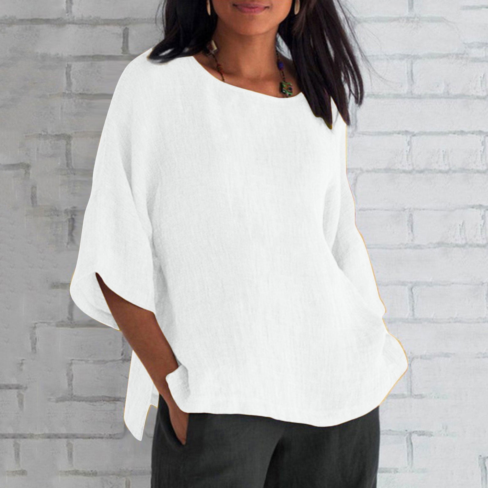 ATIXEL Women's Summer Fashion Cropped Sleeves Round Neck Cotton Line ...