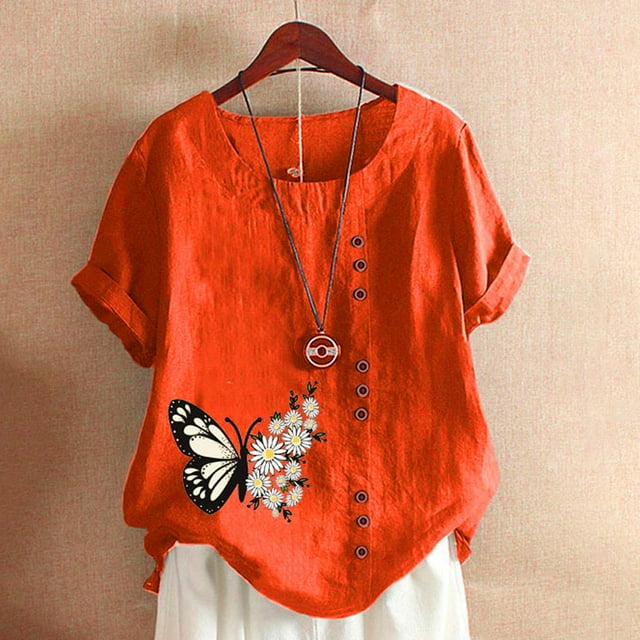 ATIXEL Women's Summer O-Neck Short Sleeve Butterfly Printed Loose ...