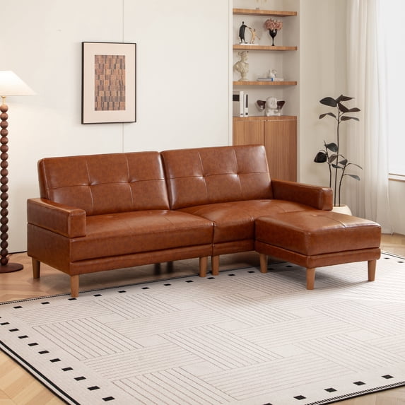 ATJafurn 86.6" Brown Tufted Leather Couch with Movable Ottoman, Mid ...