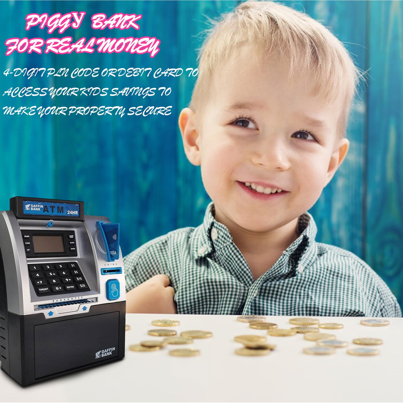 ATM Piggy Bank for Real Money, Digital Electronic Saving Safe Machine Box with Debit Card, Bill ...