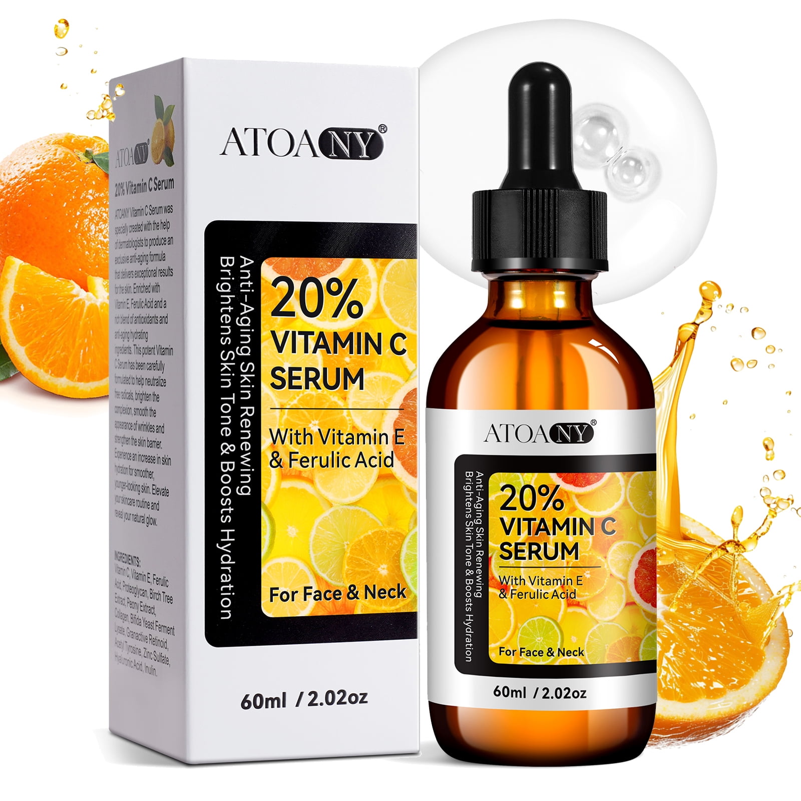ATOANY 20% Vitamin C Serum For Face & Neck, Anti Aging & Wrinkle Facial Serum with Vitamin C ...