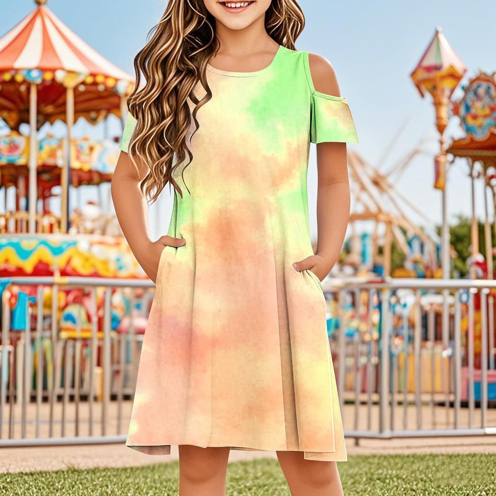 ATOGUTA 3-14 Years Girl Dress Off-Shoulder Crew Neck Loose Casual Flowy ...