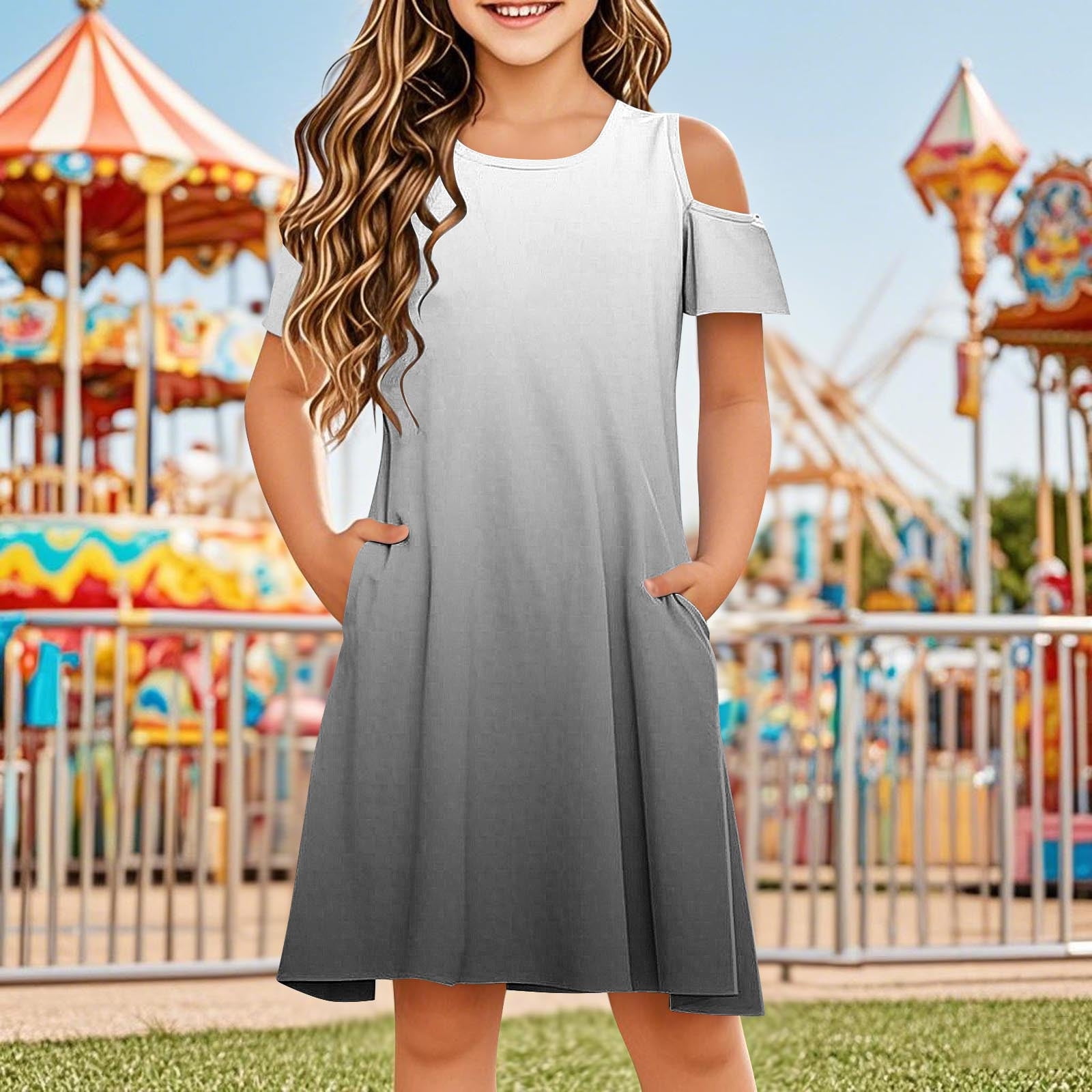 ATOGUTA 3-14 Years Girls Sundresses Off-Shoulder Crew Neck Loose Casual ...