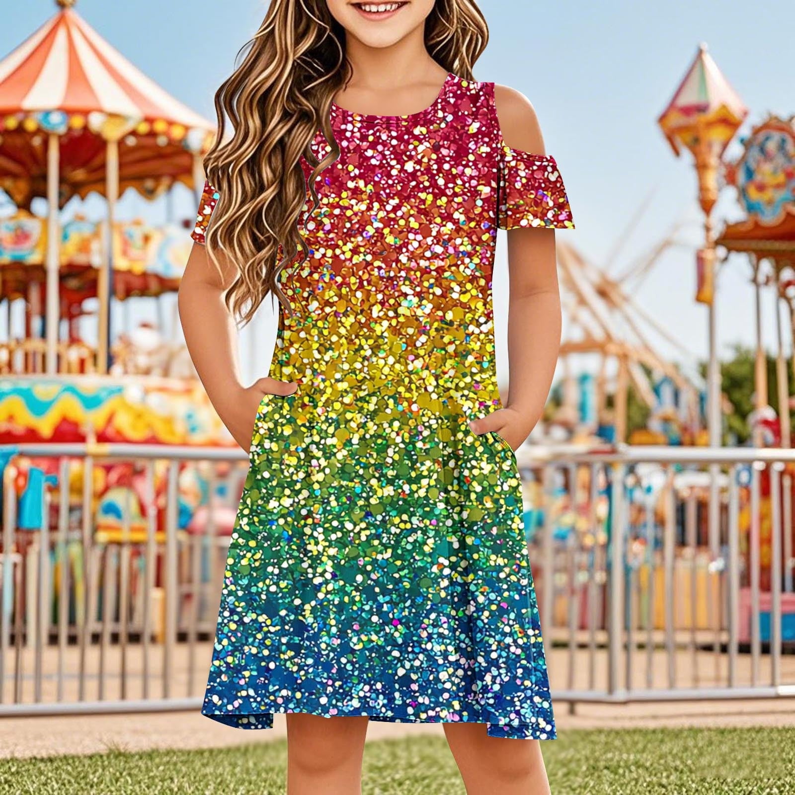 ATOGUTA 3-14 Years Twirly Dresses for Girls Off Shoulder Crew Neck ...