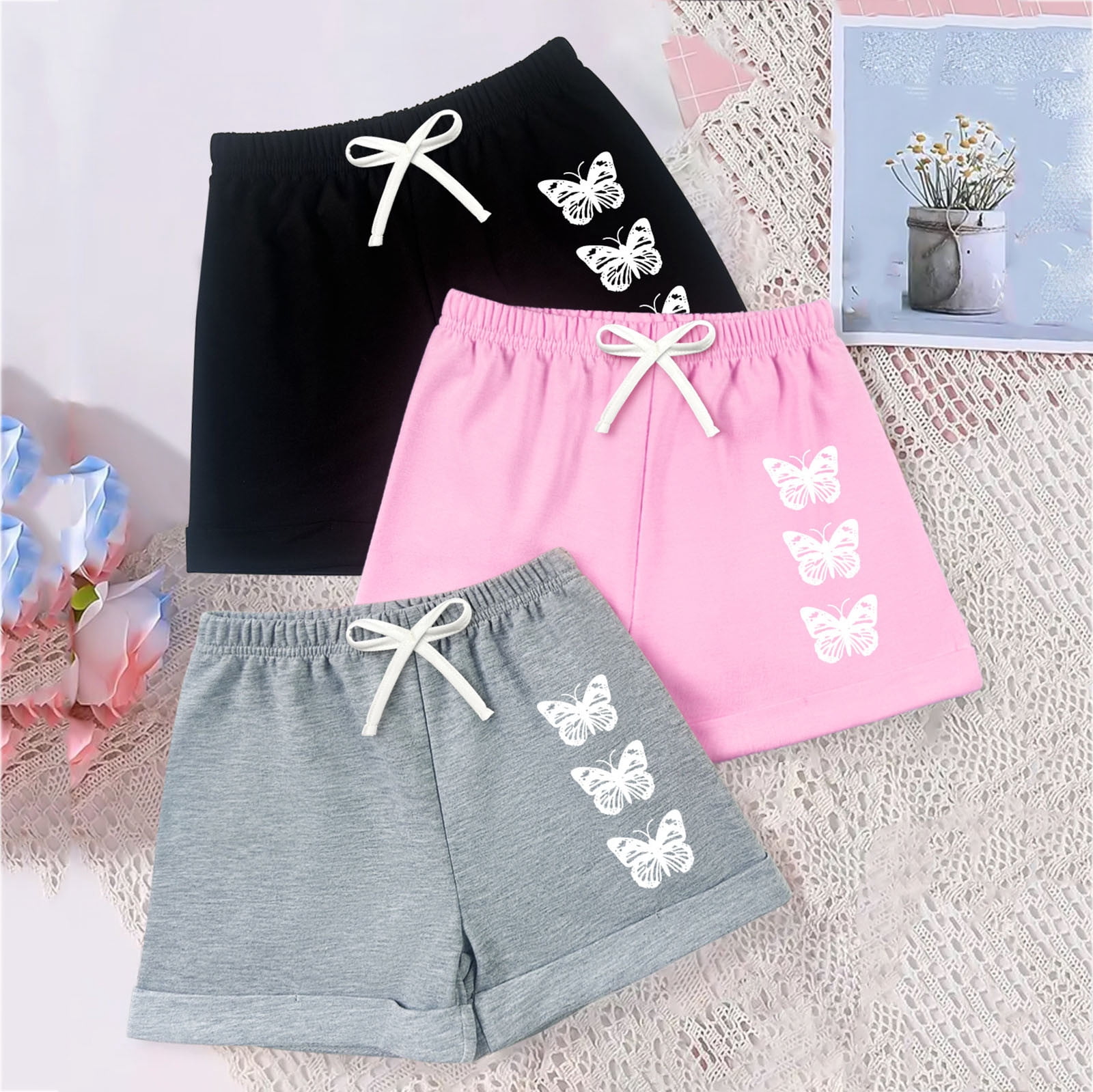 ATOGUTA 3-Pack 4-10 Years Girls Shorts Kids Summer Elastic Waist Wide ...