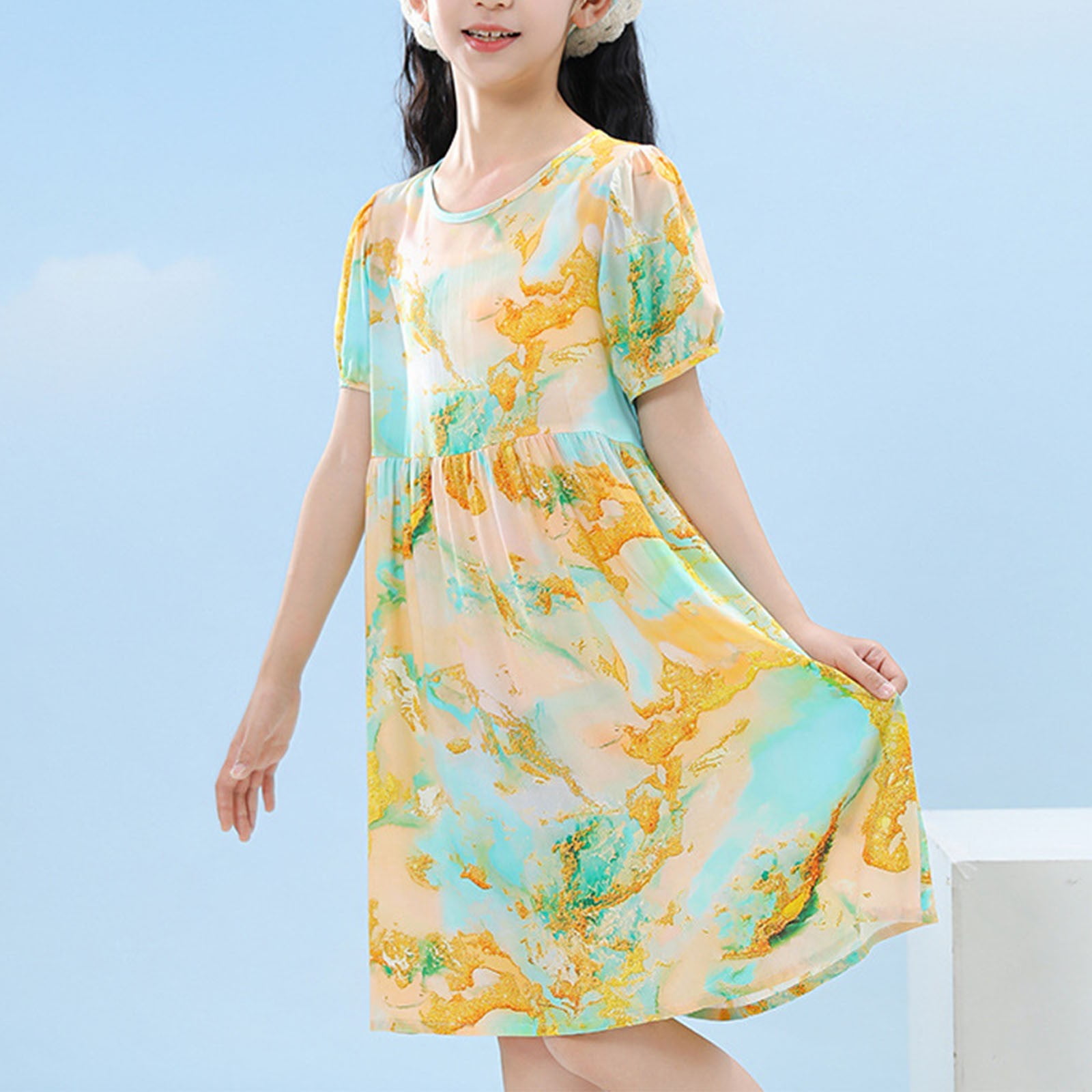 ATOGUTA 5-16 Years Girls Casual Dress Short Sleeve A Line Swing Skater ...