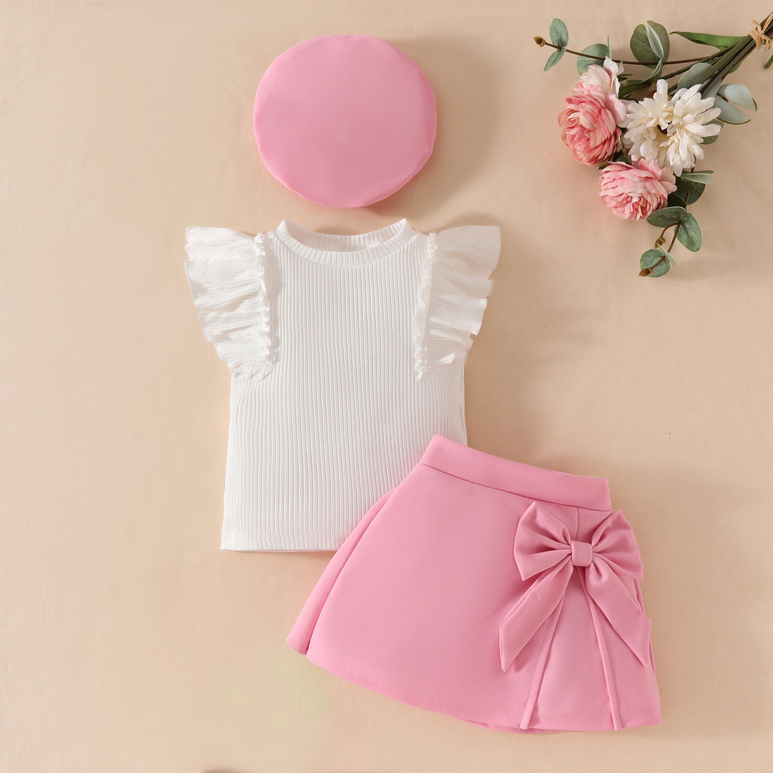 ATOGUTA Baby Girl Dress Sets Ruffle Sleeve Tops and Skirt with Hat Kids ...