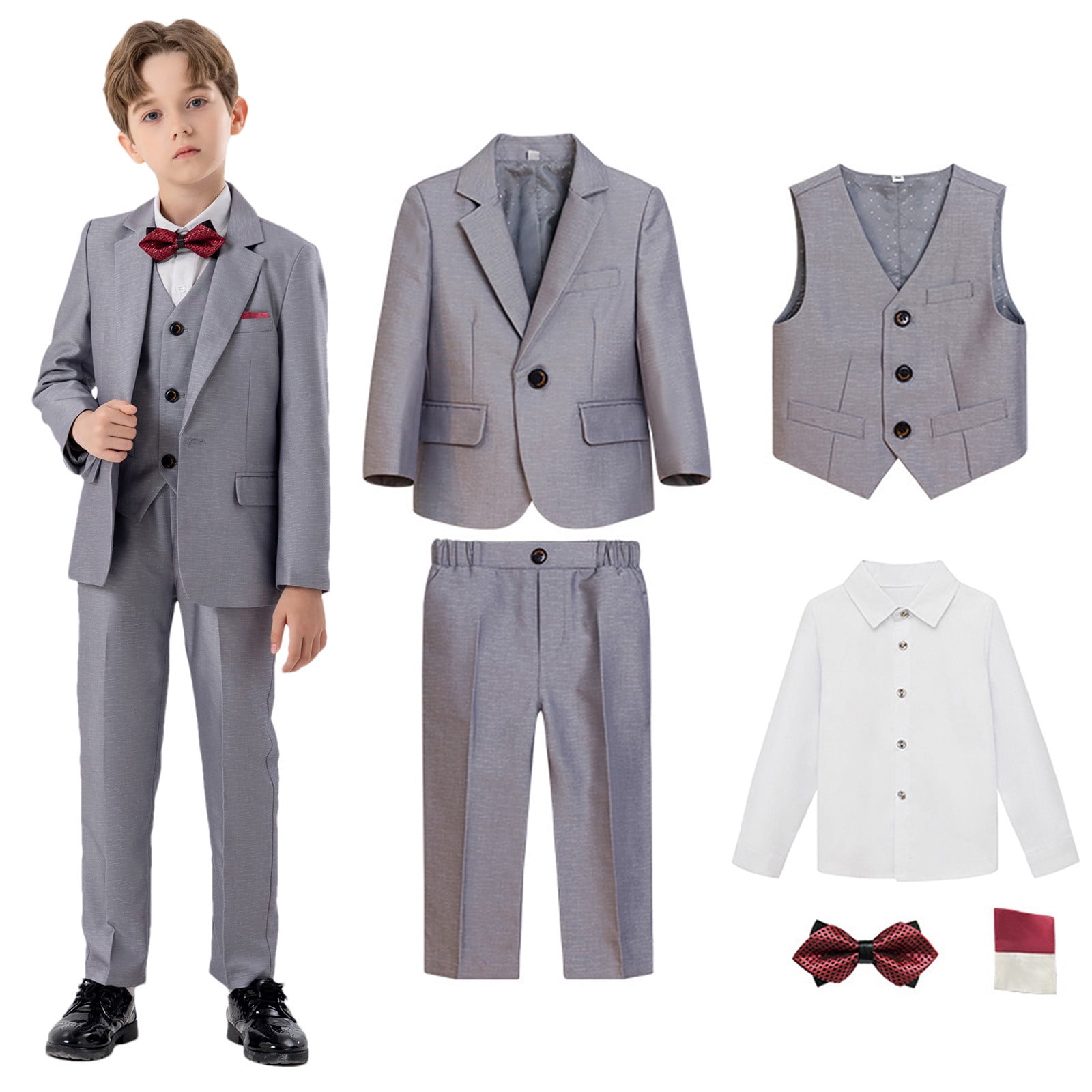 ATOGUTA Boys' 6-Piece Formal Suit Set, Jacket, Vest, Pants, Collared ...