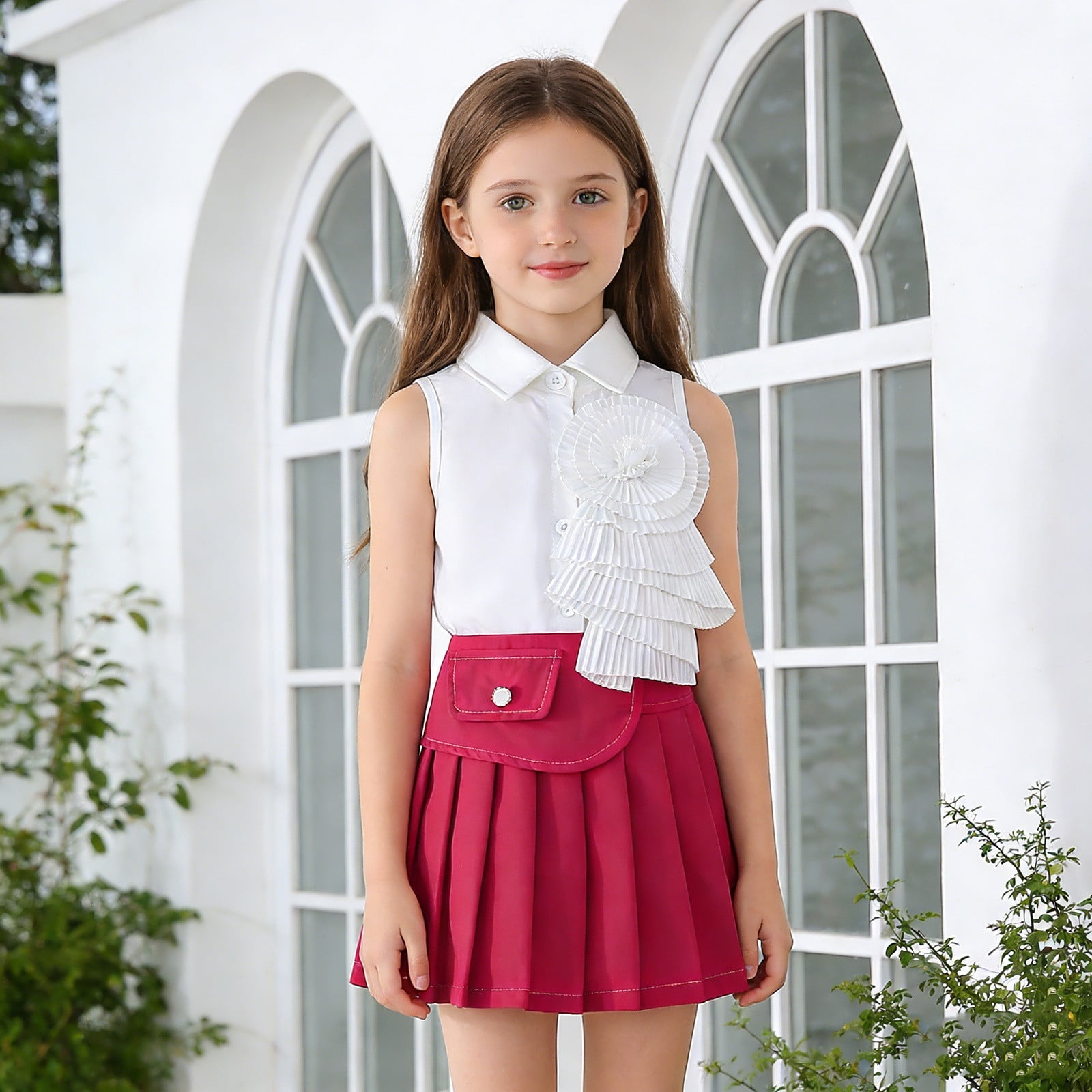 ATOGUTA Clothes Girls 2 Piece Sleeveless Shirt and Pleated Skirt Girls ...