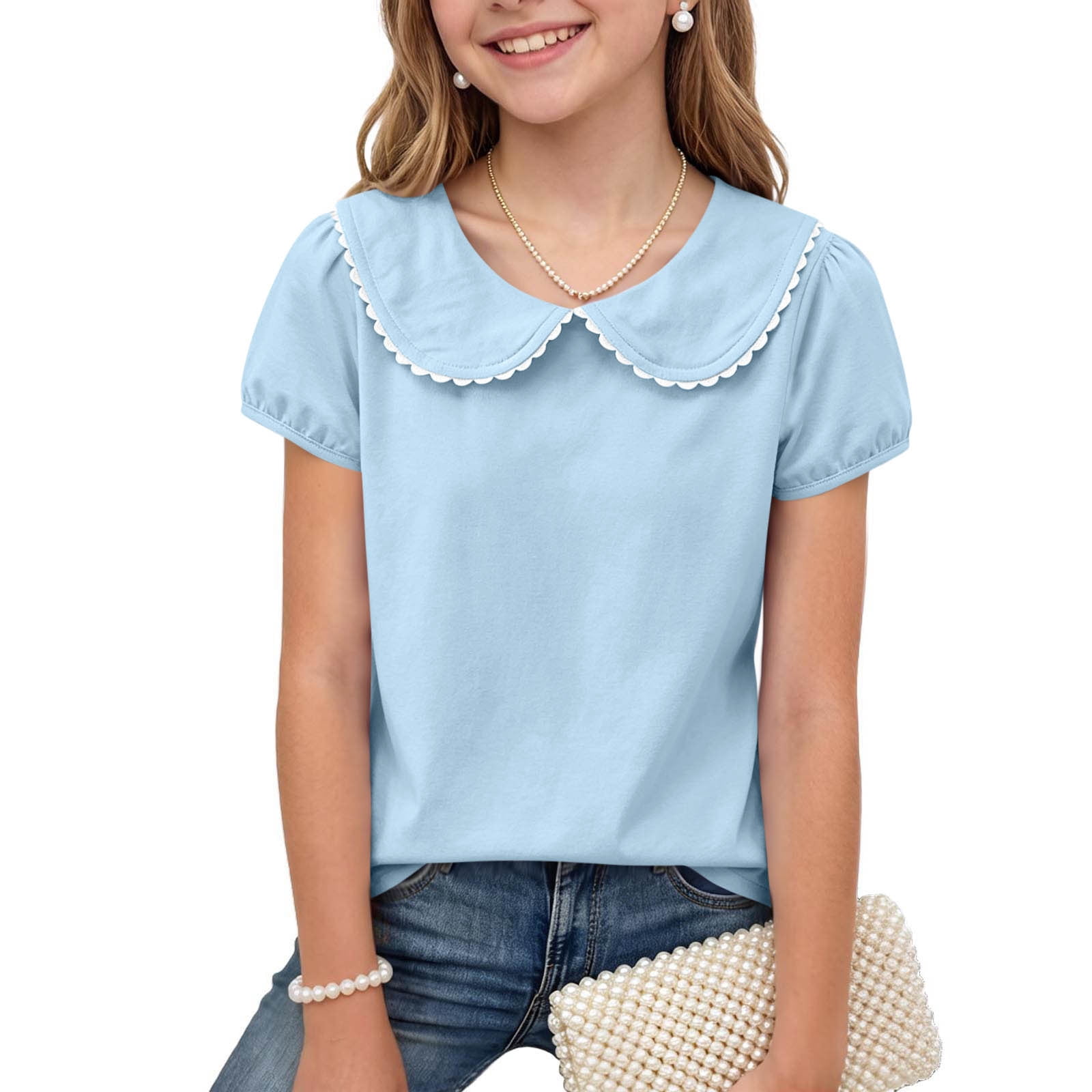 ATOGUTA Collared Shirts For Girls Short Sleeve Tshirts Crewneck Cute ...