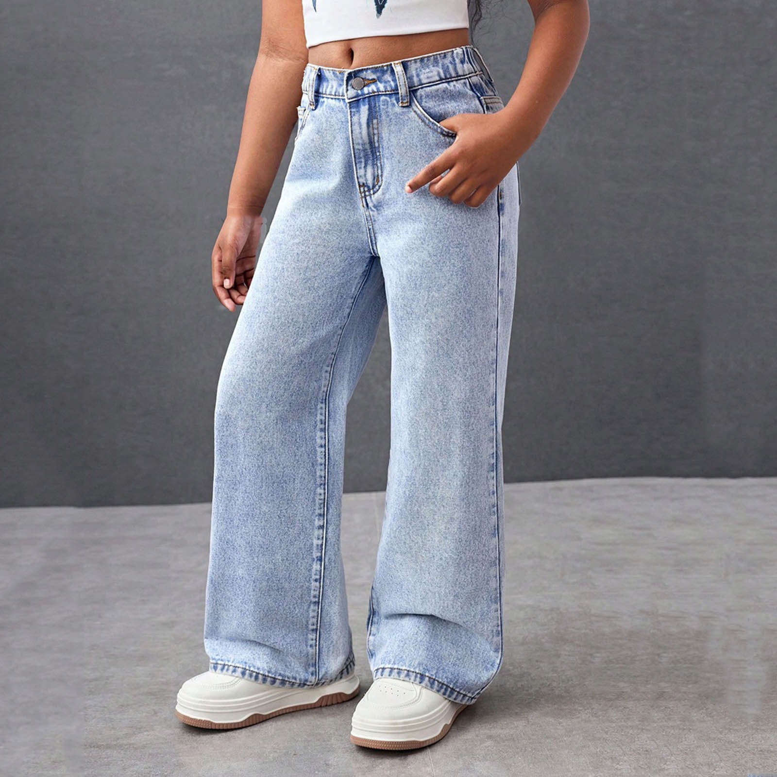 ATOGUTA Denim Sweat Pants for Girls Embroidered Bow Print Straight Leg ...