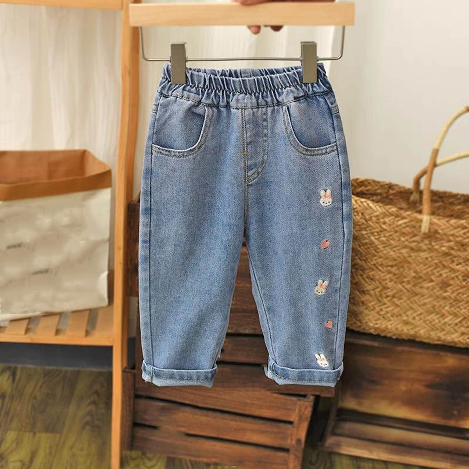 ATOGUTA Denim Sweat Pants for Girls Size 1T-7 Straight Leg Denim Cute ...