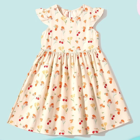 ATOGUTA Floral Dress for Girls Wedding Guest Beige Ruffle Sleeve ...