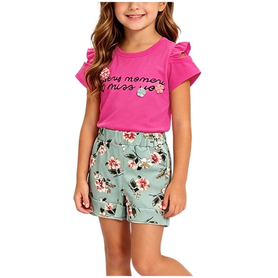 ATOGUTA Girl Clothes Ruffle Short Sleeves Crewneck Tops and Shorts Cute ...