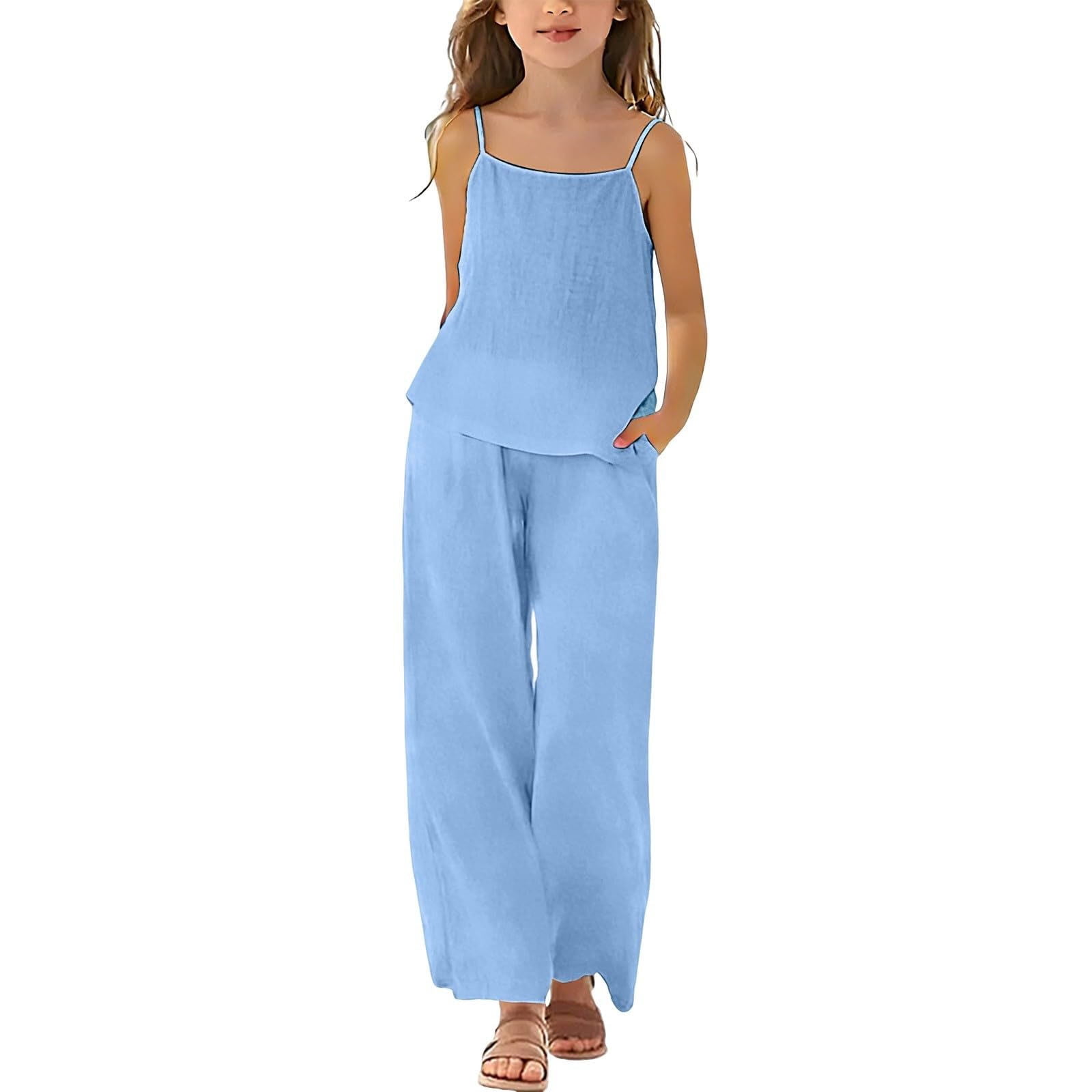 ATOGUTA Girls 2 Piece Outfits Spaghetti Strap Ruffle Tank Top And Wide ...
