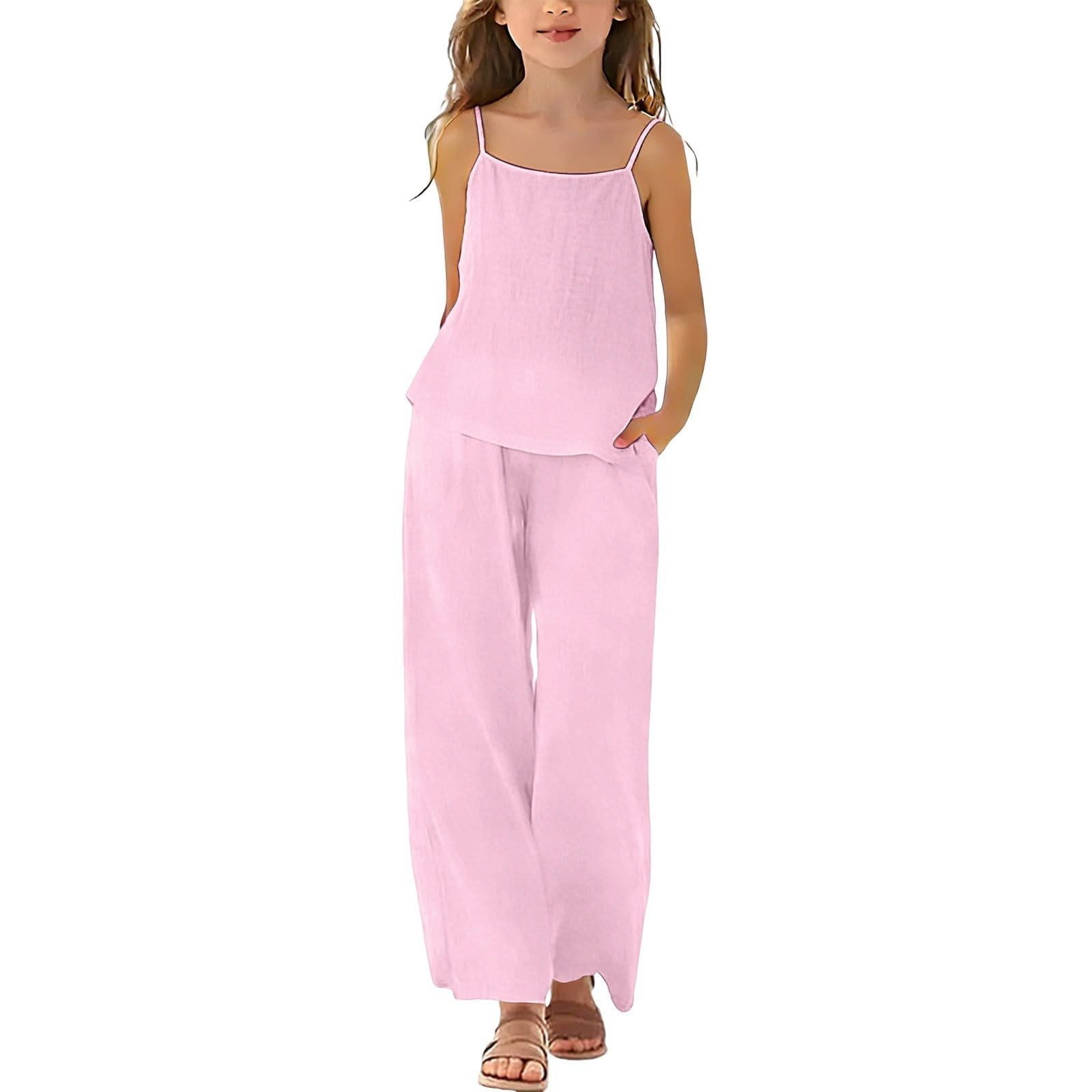 ATOGUTA Girls 2 Piece Outfits Spaghetti Strap Ruffle Tank Top And Wide ...