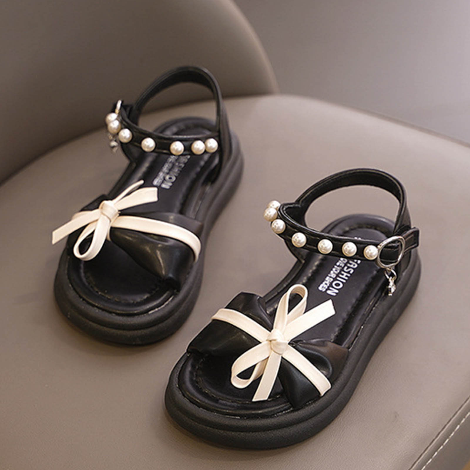 ATOGUTA Girls Dress Sandals Black Open Toe Summer Flats Dress Sandals ...