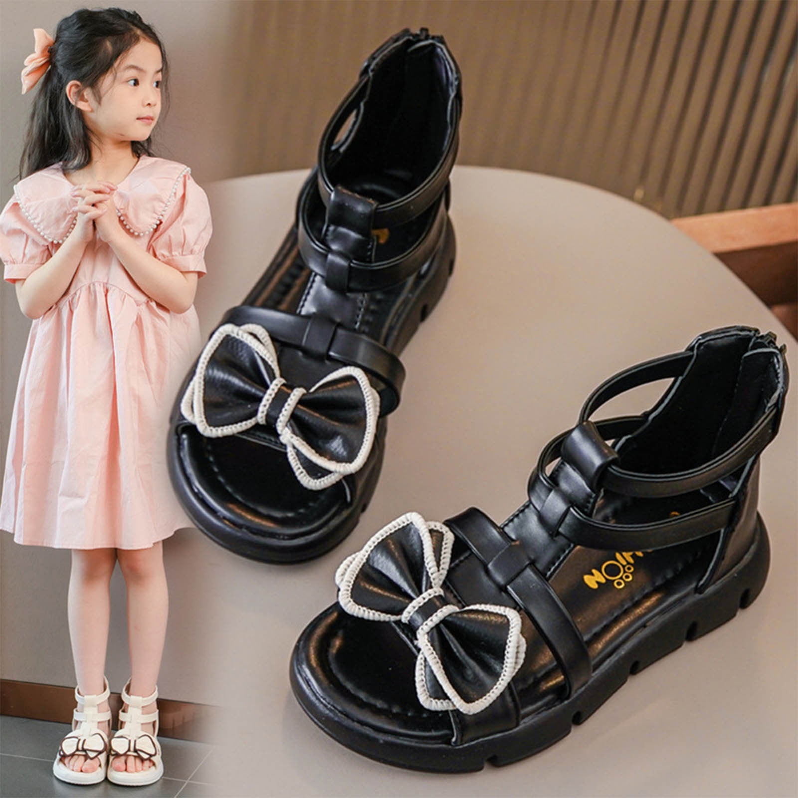 ATOGUTA Girls Dress Sandals Black Strappy Open Toe Outdoor Flats with ...
