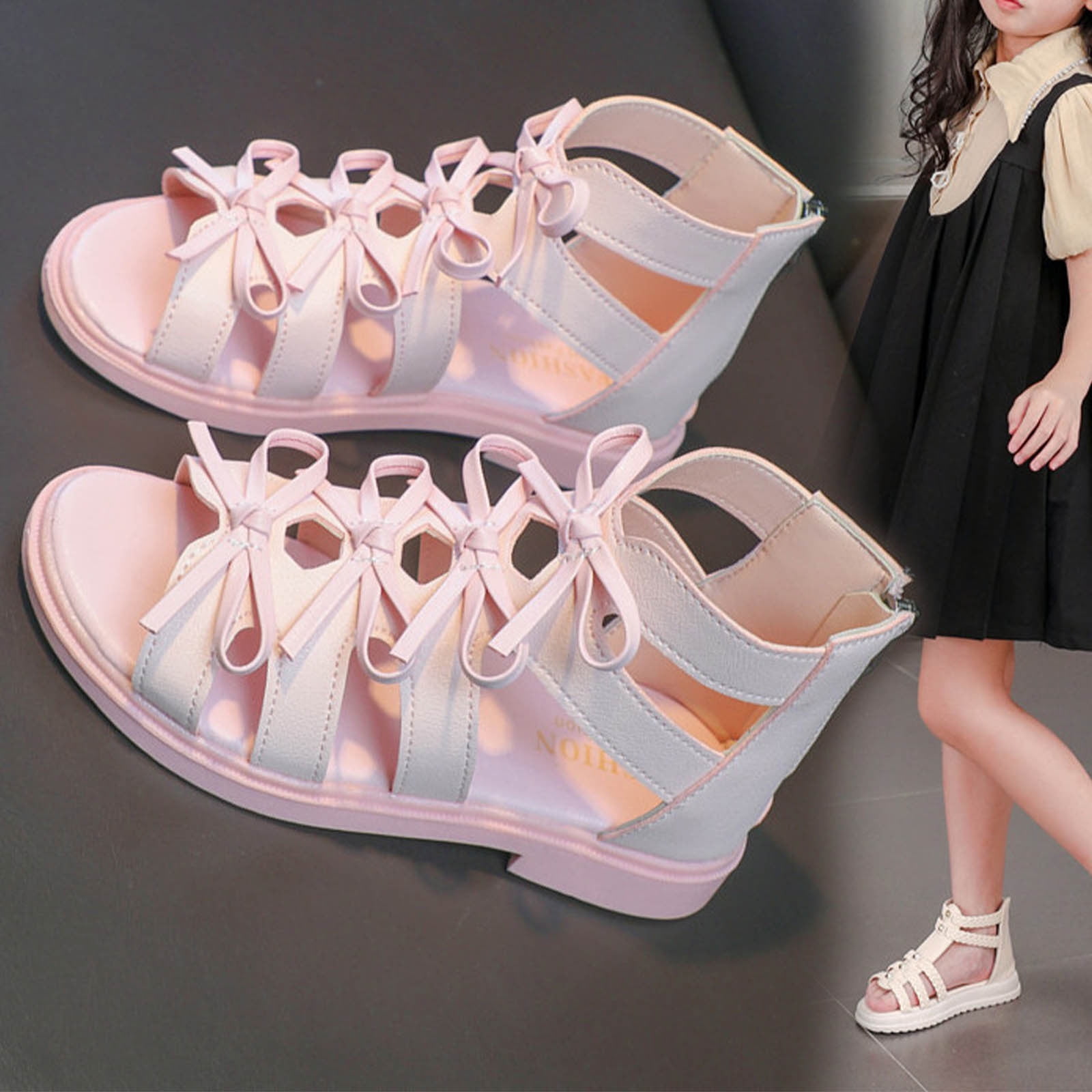 ATOGUTA Girls Dress Sandals Pink Strappy Open Toe Outdoor Flats with ...