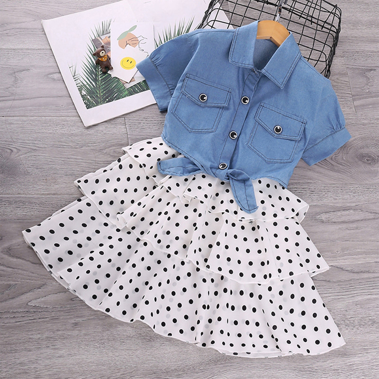 ATOGUTA Girls Dress Sets Short Sleeve Denim Jackets and Flared Skirts ...