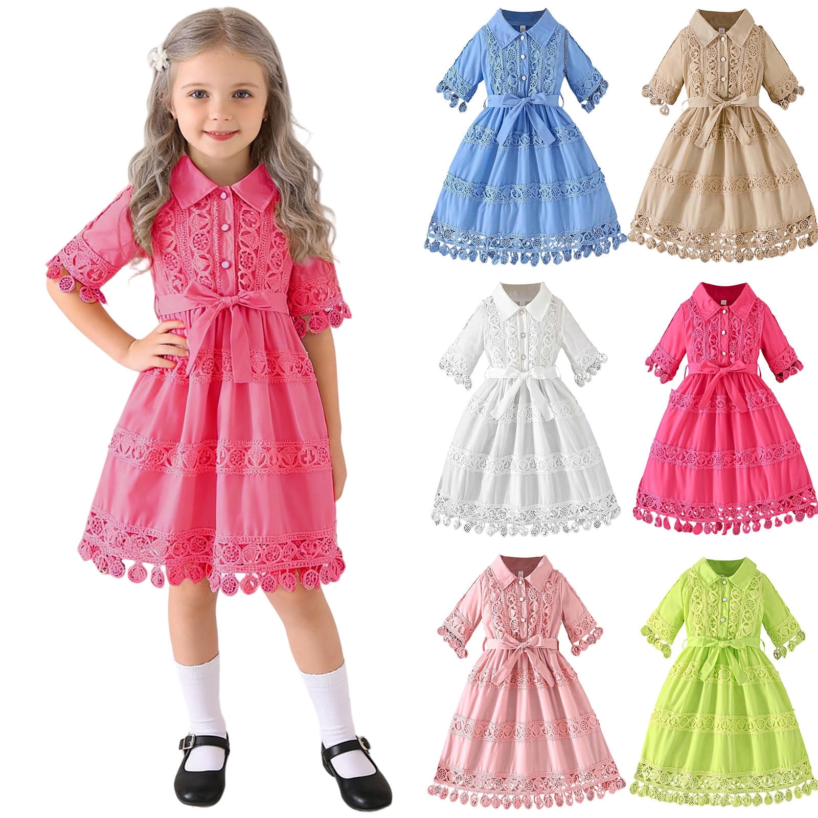ATOGUTA Girls Dresses A-line Swings Tiered Casual Skirt Lapel Party ...