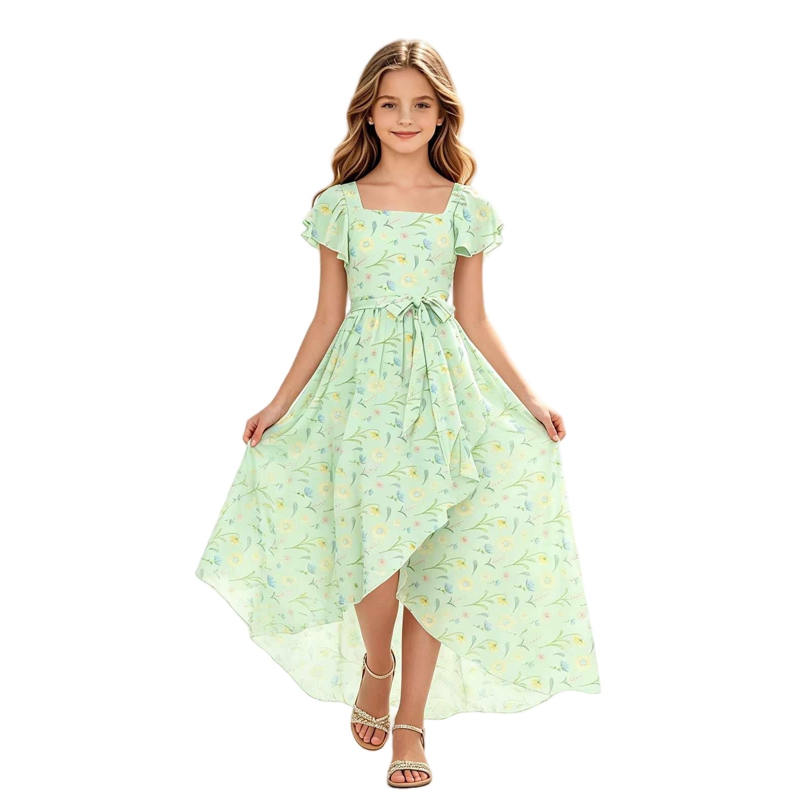 ATOGUTA Girls Dresses High Low Dress Neck Short Sleeve A-Line Flowy ...